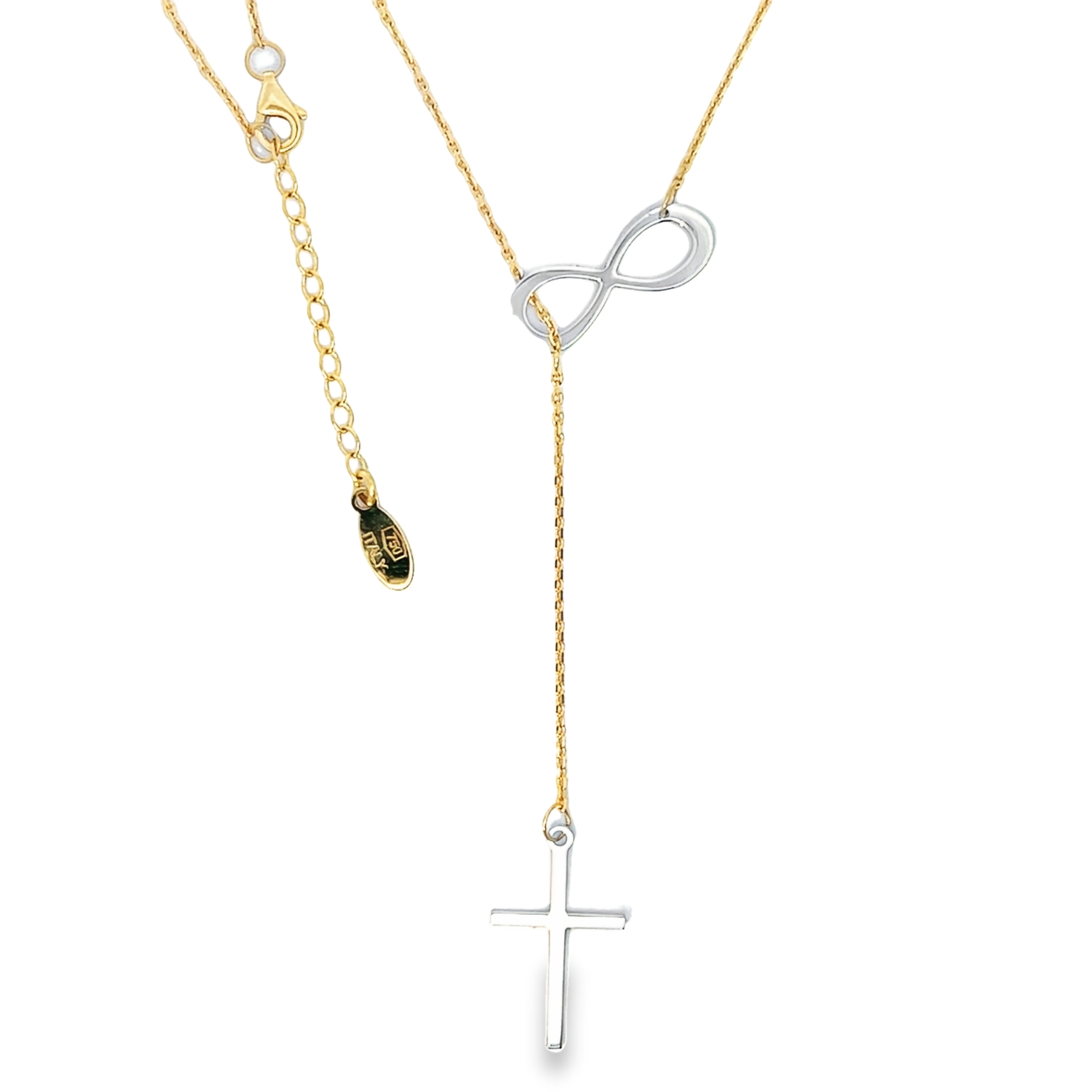 18K Two Tone Cross and Infinity Religious Lariat Necklace Arezzo Jewelers Elmwood Park IL OCL4110