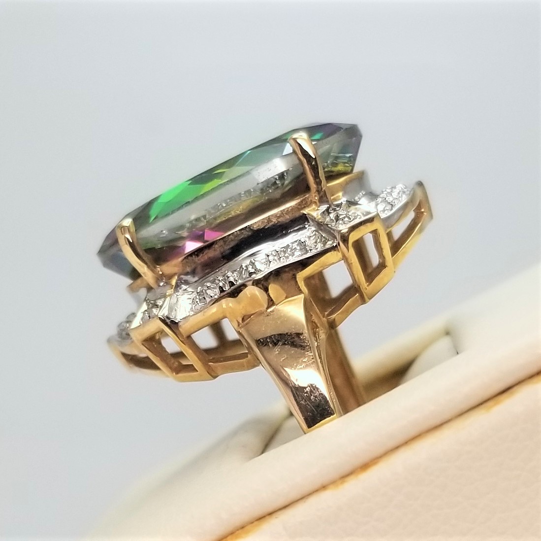 Oval Cut Mystic Fire Topaz Ring with Single Cut Diamonds