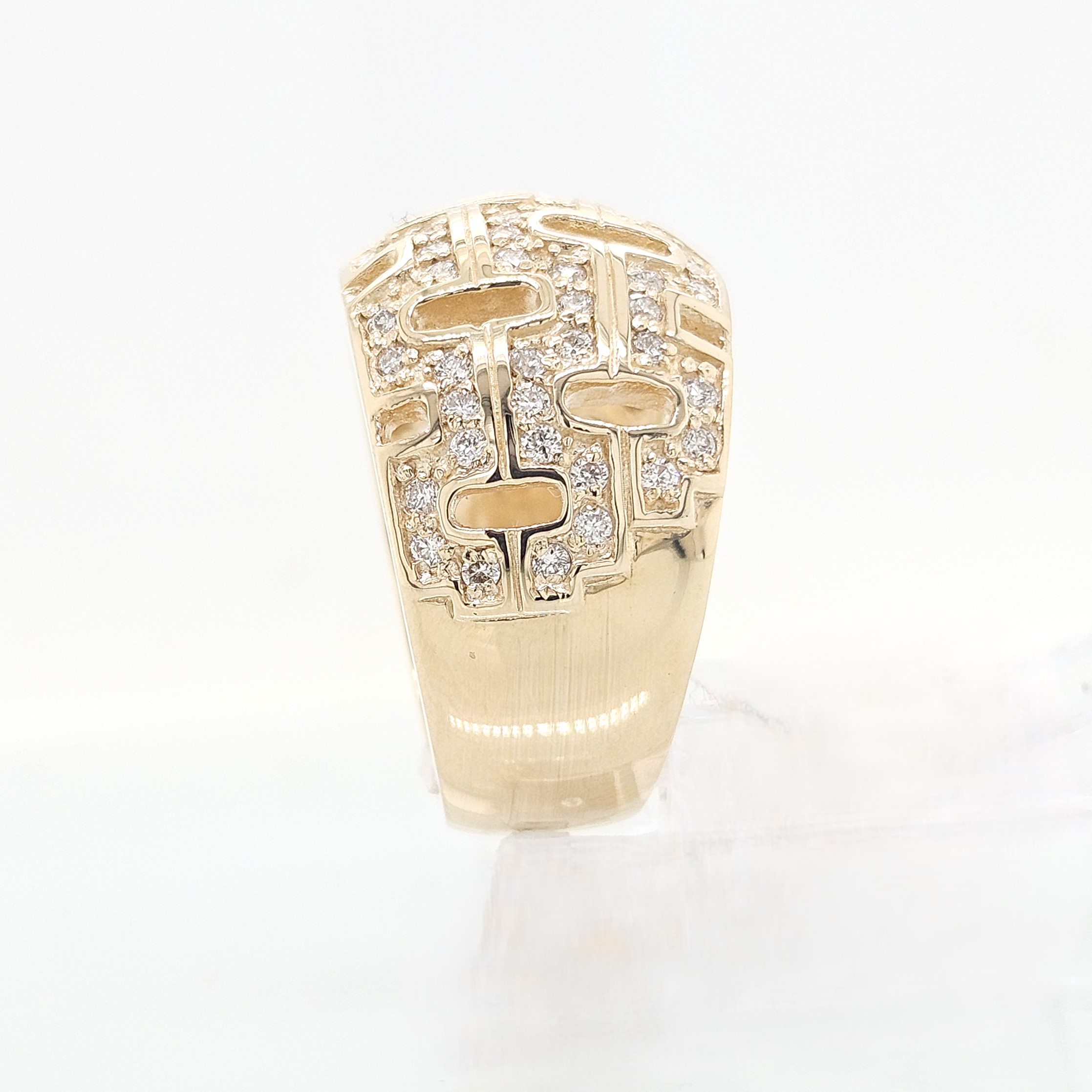 14K yellow gold diamond geometric wave pattern dome ring