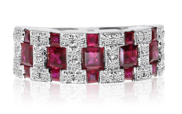 14 Karat White Gold Princess Cut Ruby and Round Diamond Wide | Corinth ...