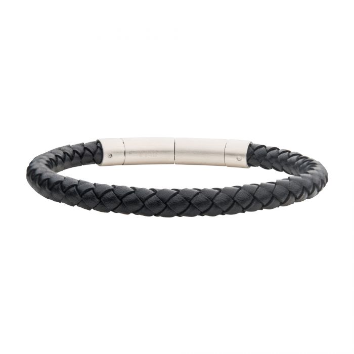 Men s Black Genuine Leather Bracelet with Stainless Steel Cl Elgin s Fine Jewelry Baton Rouge LA