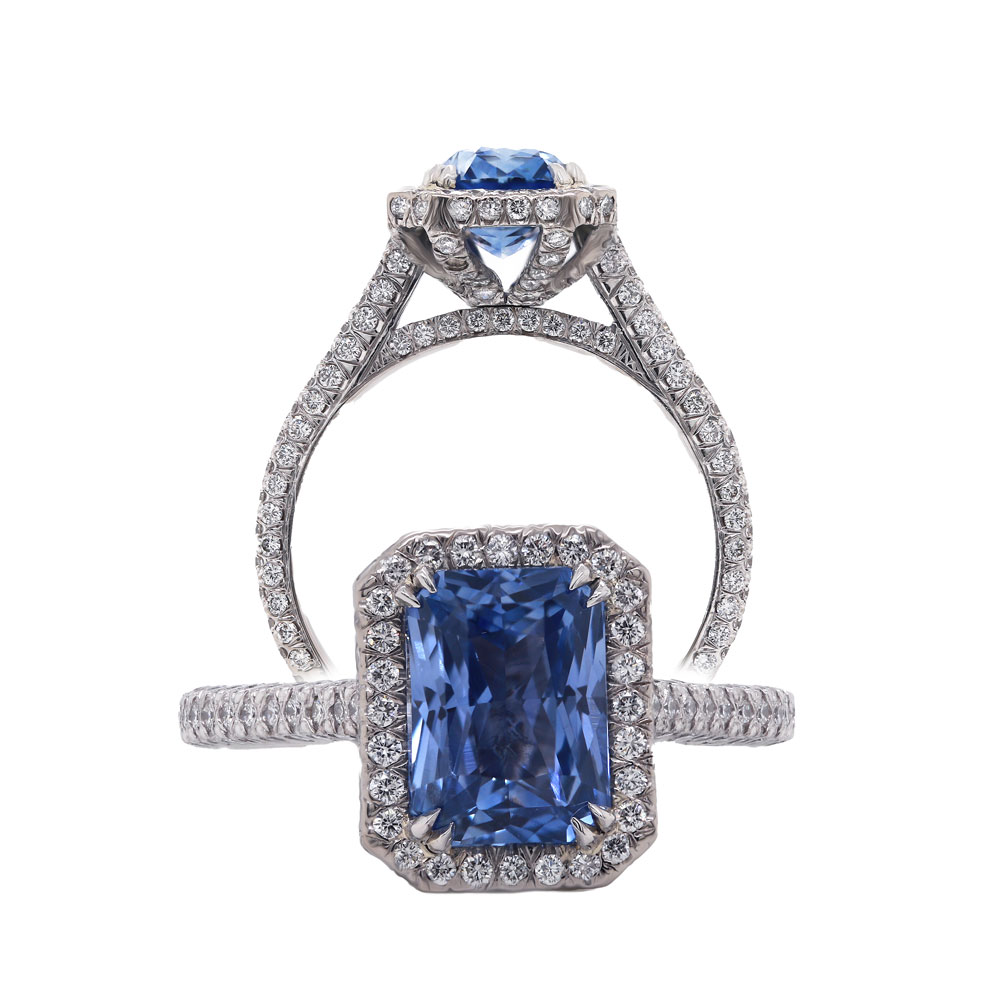 Blue Sapphire Halo Three Sided Ring 001-160-00104 | Joe Escobar ...