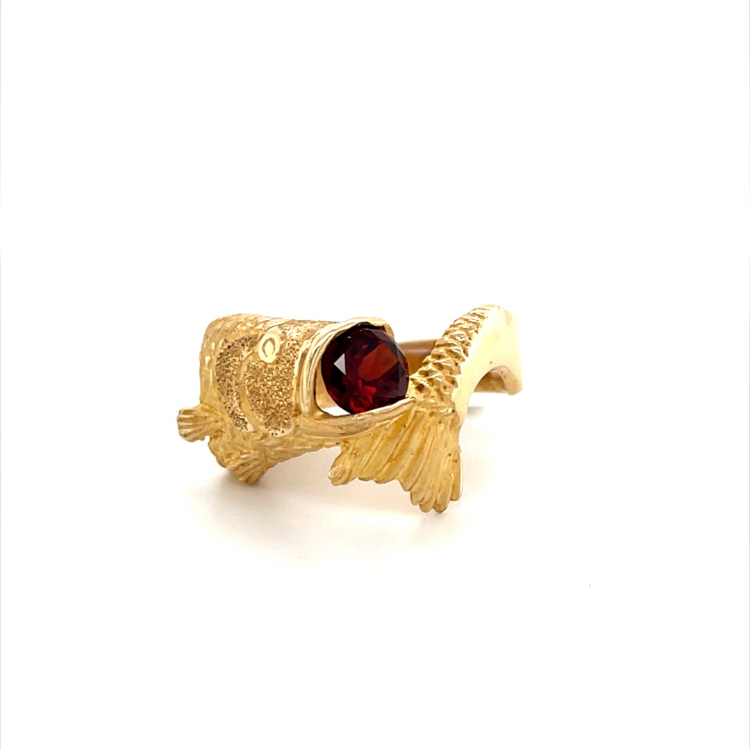 14K Yellow Gold Garnet Bass Fish Designed Ring 001-205-00025 | Minor ...