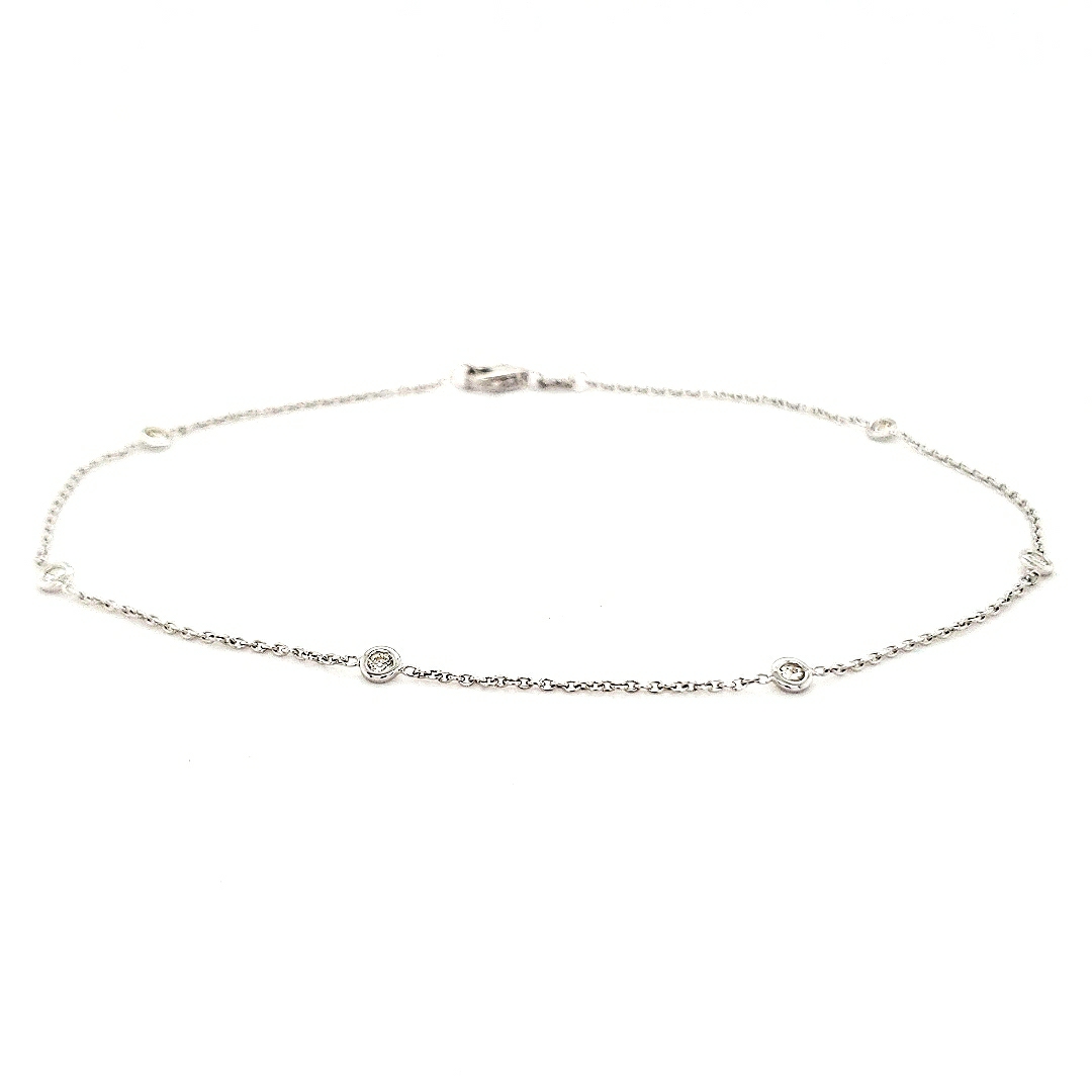 14K White Gold Diamond Station Ankle Bracelet Length 9.5 Inches