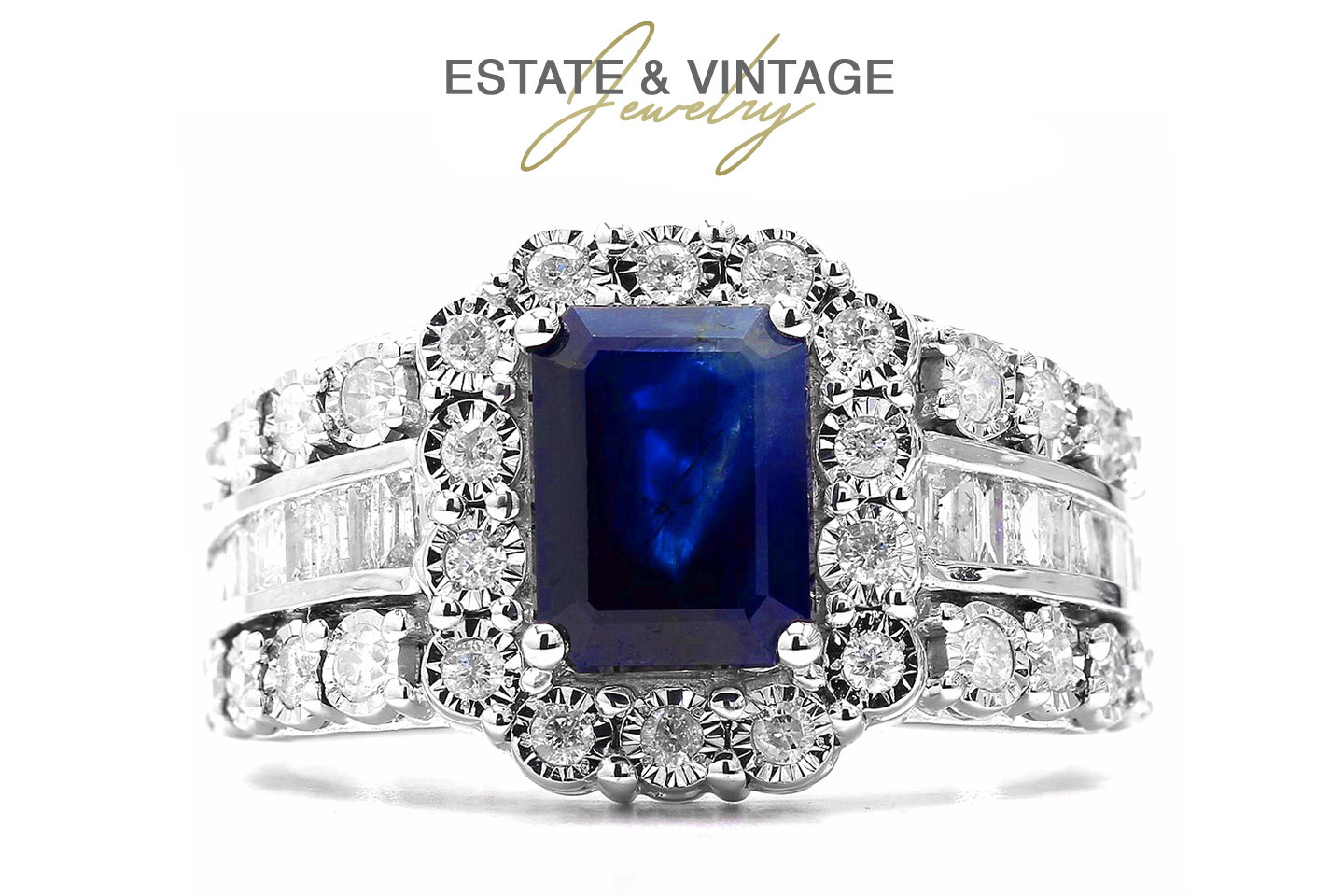 Estate 14K White Gold 2.25ctw H I I1 2 Effy Sapphire Halo Diamonds Colored Stone Fashion Ring Size 6.75