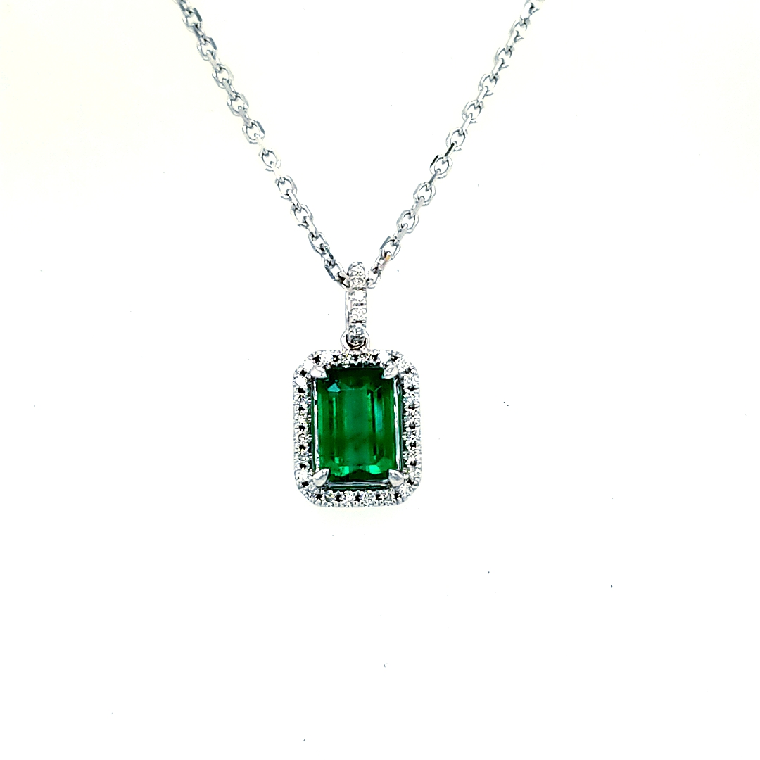 14 Karat White Gold Green Emerald Diamond Halo Pendant