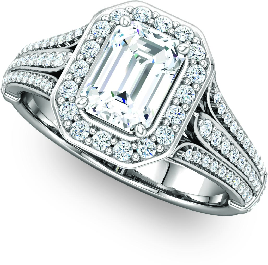 Triple Row Shank with Emerald Halo Engagement Ring | The Ring Austin ...