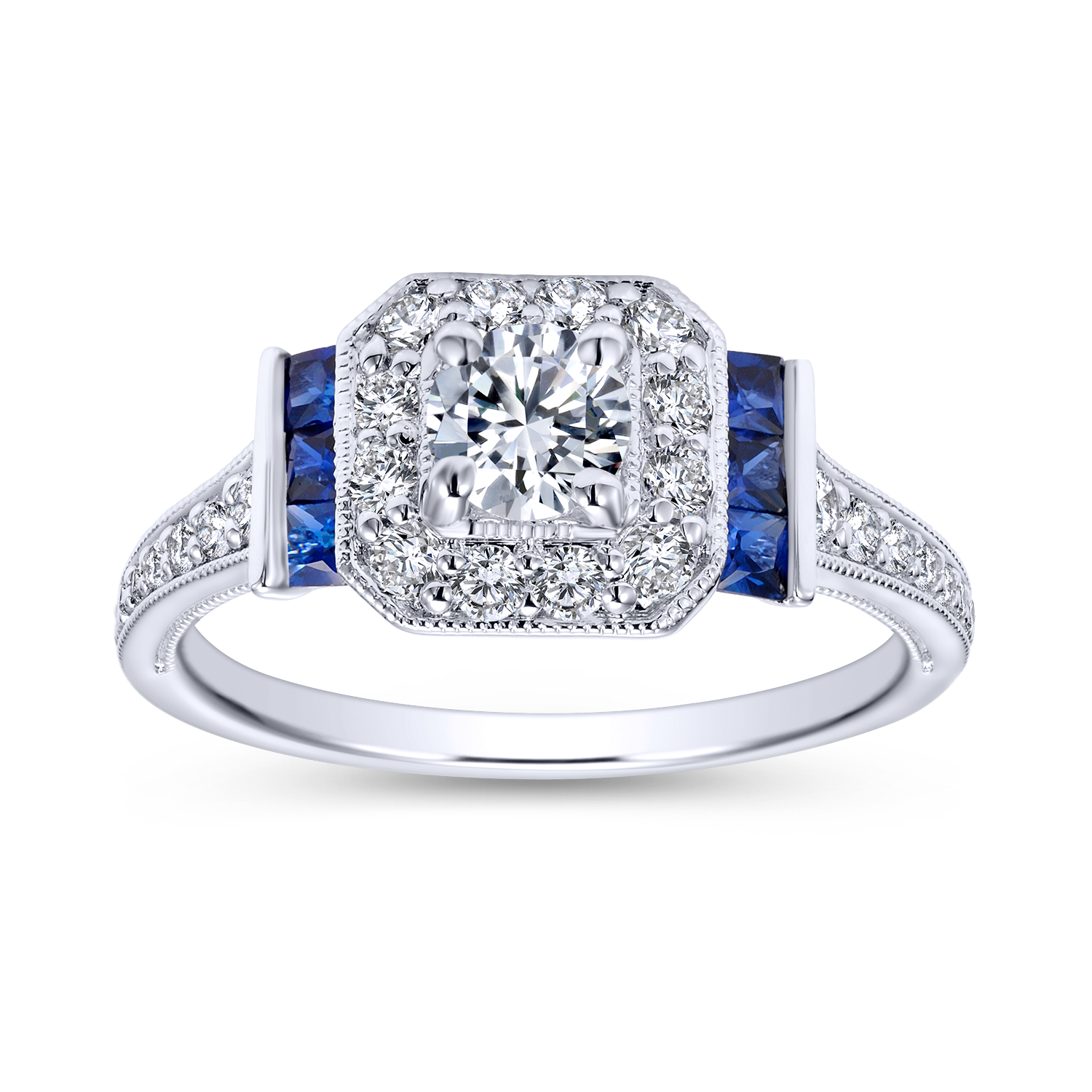 Victorian Styled Engagement Ring Is Perfectly Accented with Three Princess Cut Sapphire Side Stones On Each Side