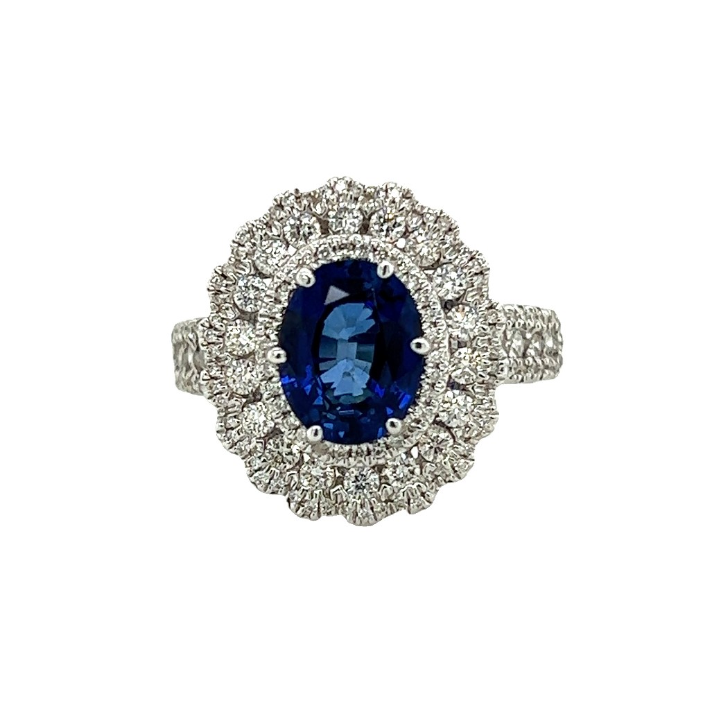 14k White Gold Sapphire and Diamond Halo Ring 001-200-00550 | Toner ...