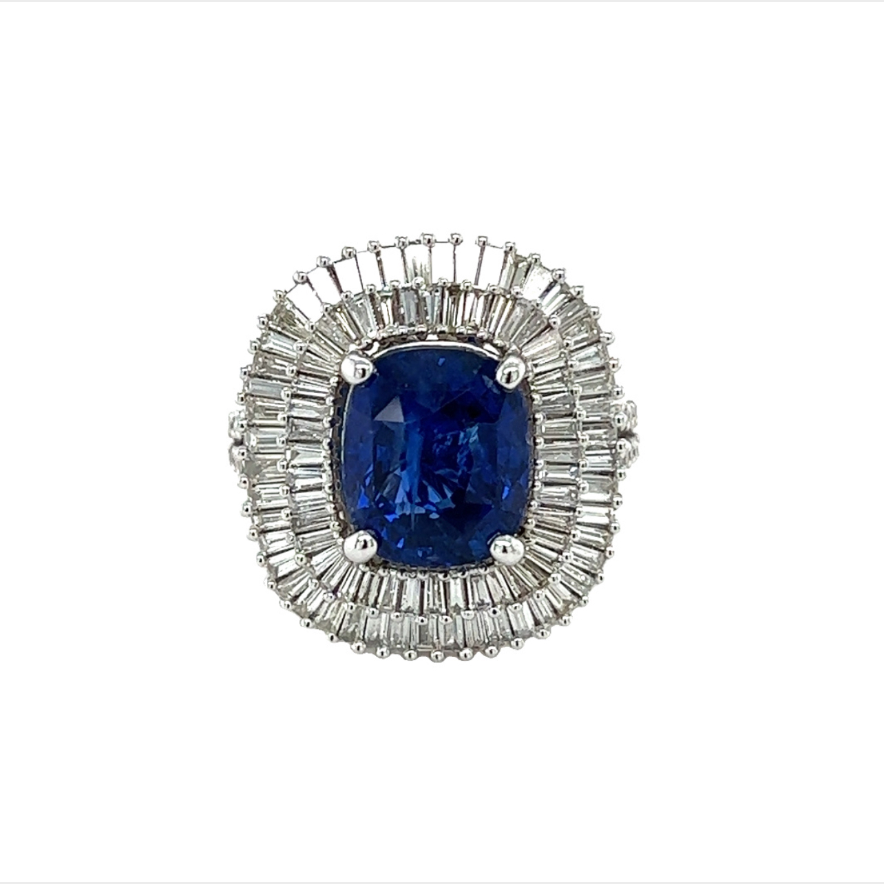 18 Karat White Gold Sapphire and Baguette Diamond Halo Ring | Toner ...